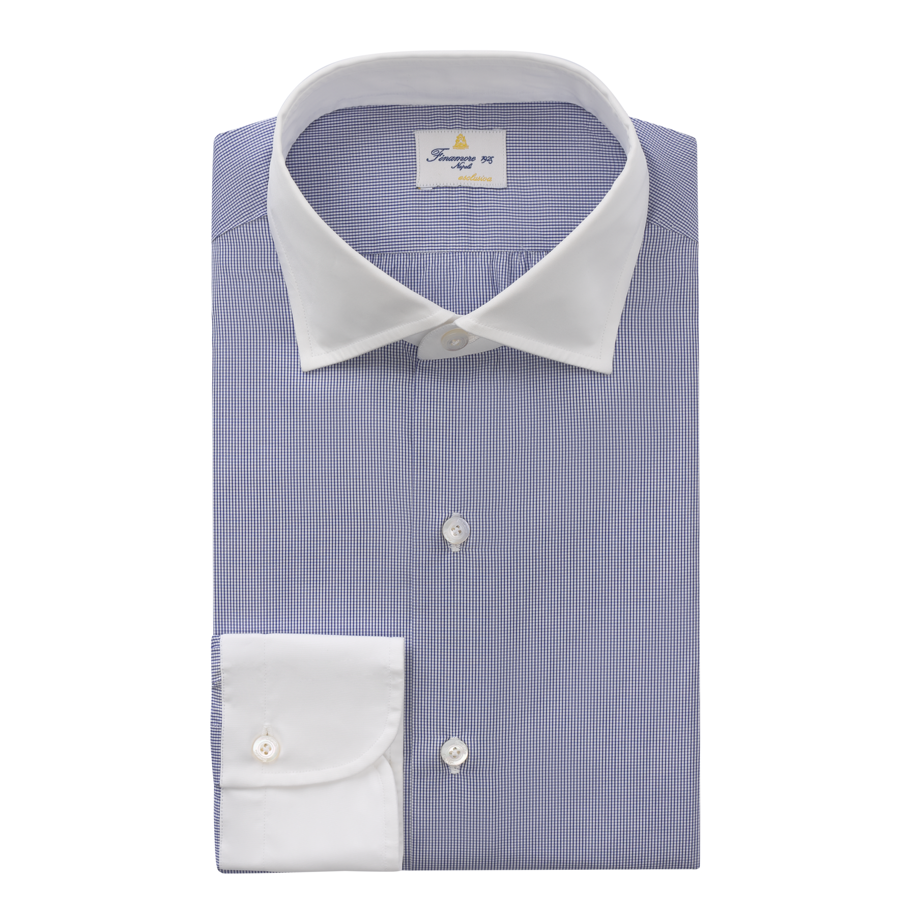 Finamore Micro-Checked Alumo-Cotton Shirt in Blue and White | SARTALE
